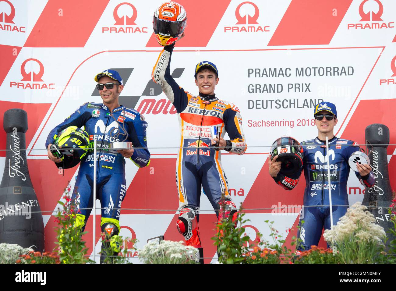 Winner and Honda rider Marc Marquez of Spain, center, celebrates on the ...