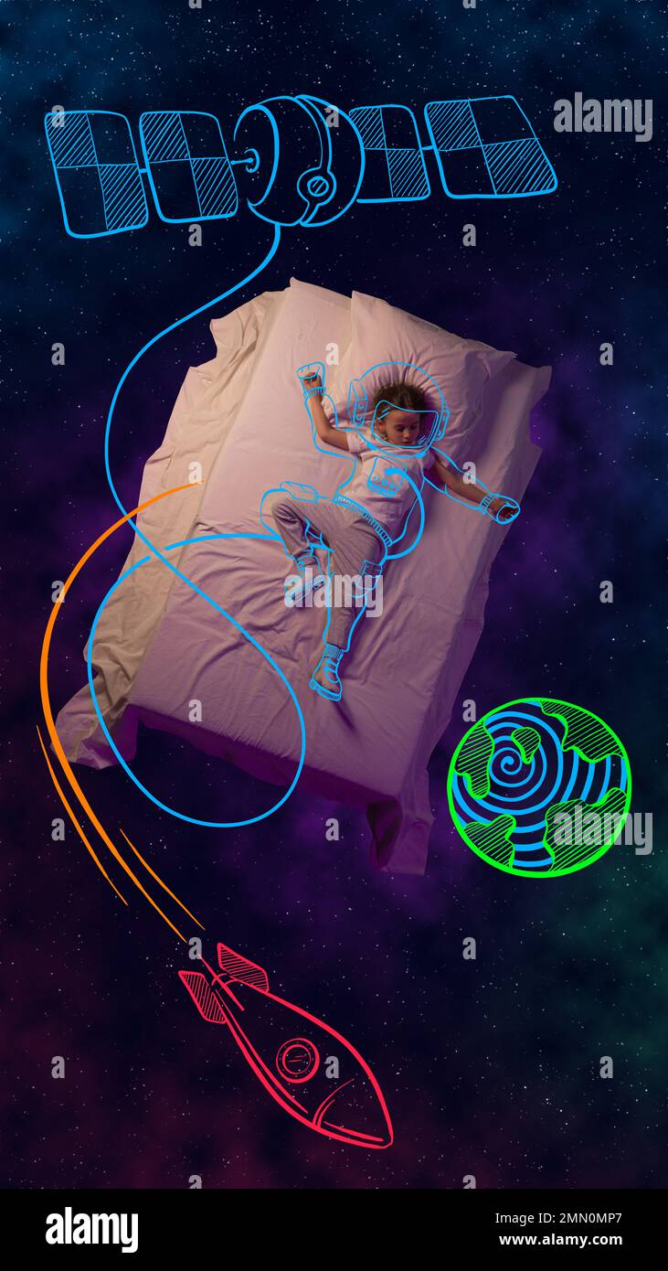 Creative design with line art over space background. Little kid, child ...