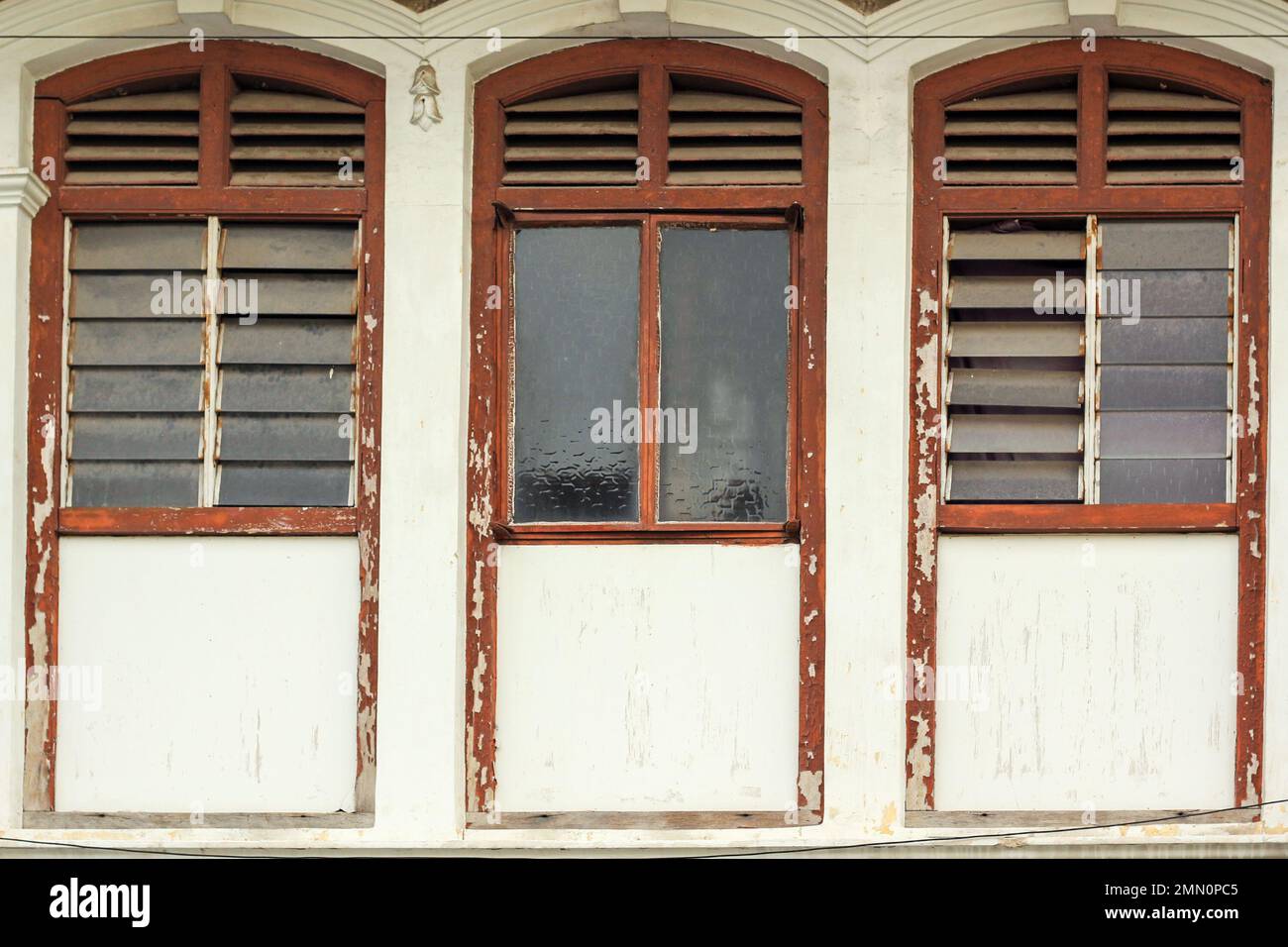 Beautiful ruined vintage wooden windows of an old Chinese shop house in ...