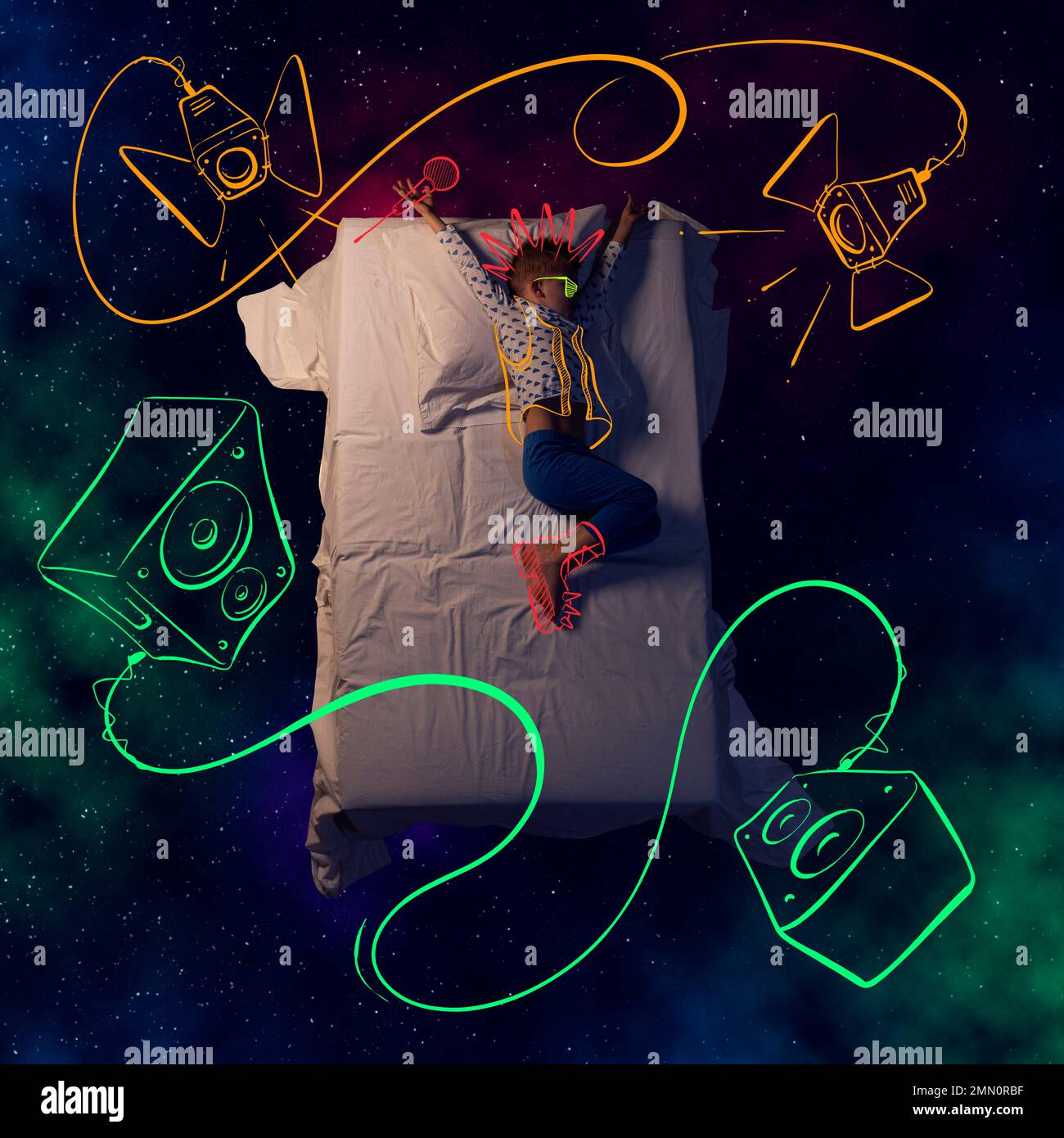 Creative design with line art over space background. Little boy ...