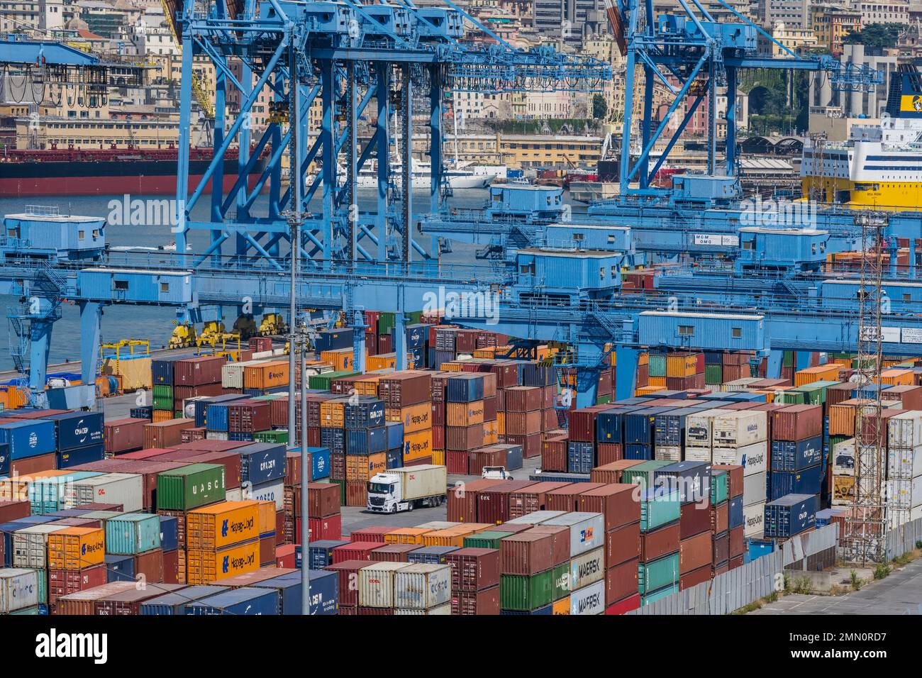Italy, Liguria, Genoa, the container terminal of the commercial port ...