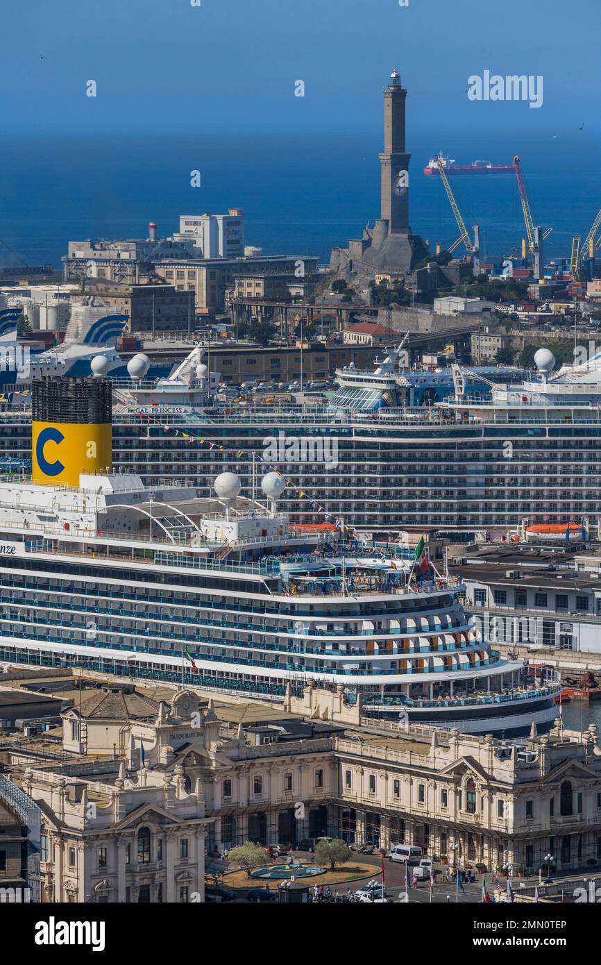 Italy, Liguria, Genoa, the commercial port and the passenger terminal ...
