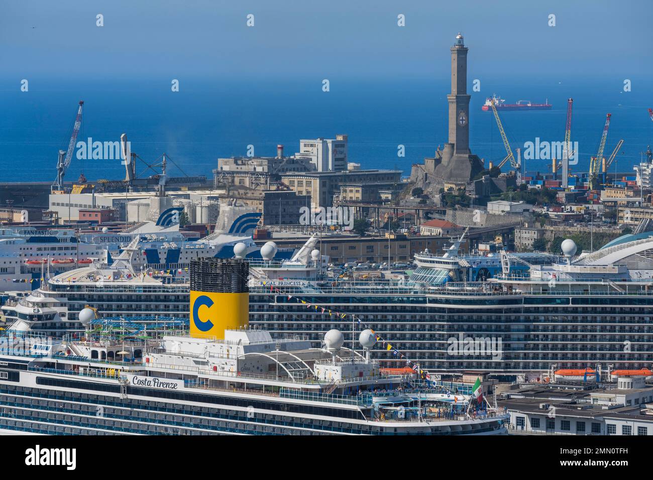 Italy, Liguria, Genoa, the commercial port and the passenger terminal ...