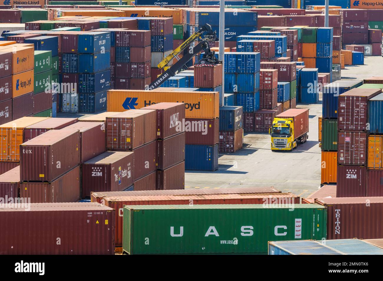 Italy, Liguria, Genoa, the container terminal of the commercial port ...