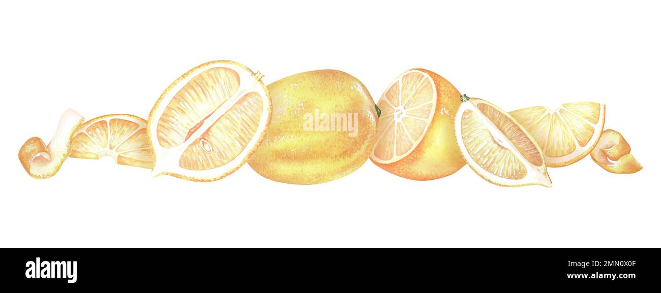 Yellow lemon elongated horizontal composition. Whole citrus, zest, half ...