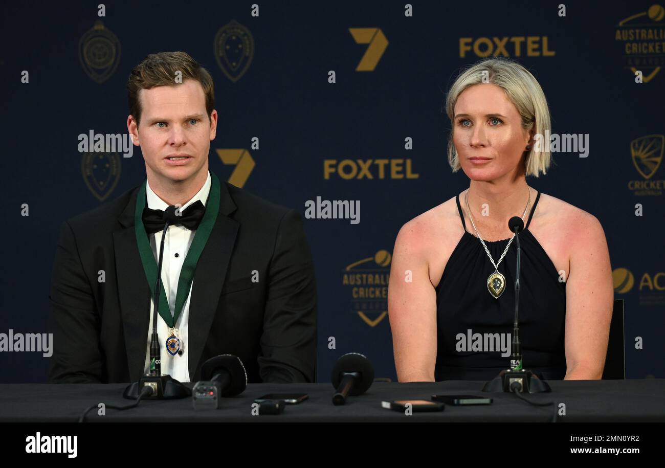 Australian cricketers Steve Smith (left) and Beth Mooney after being ...