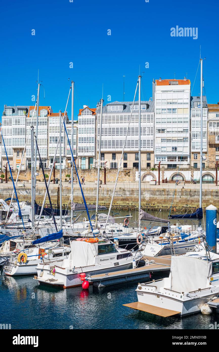 Spain, Galicia, A Coruña, the port and the buildings with 19th century ...