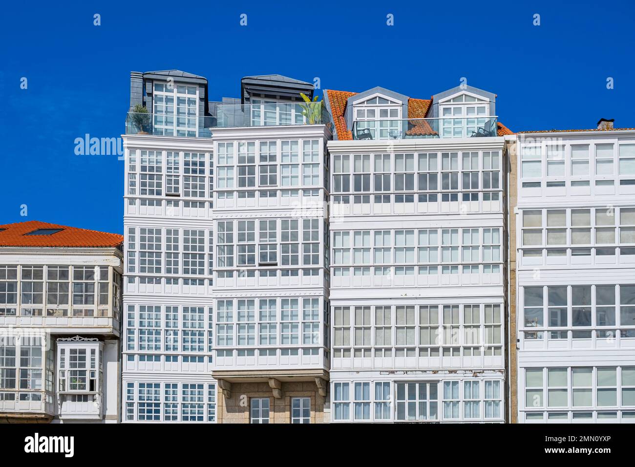 Spain, Galicia, A Coruña, buildings with 19th century glass-fronted ...