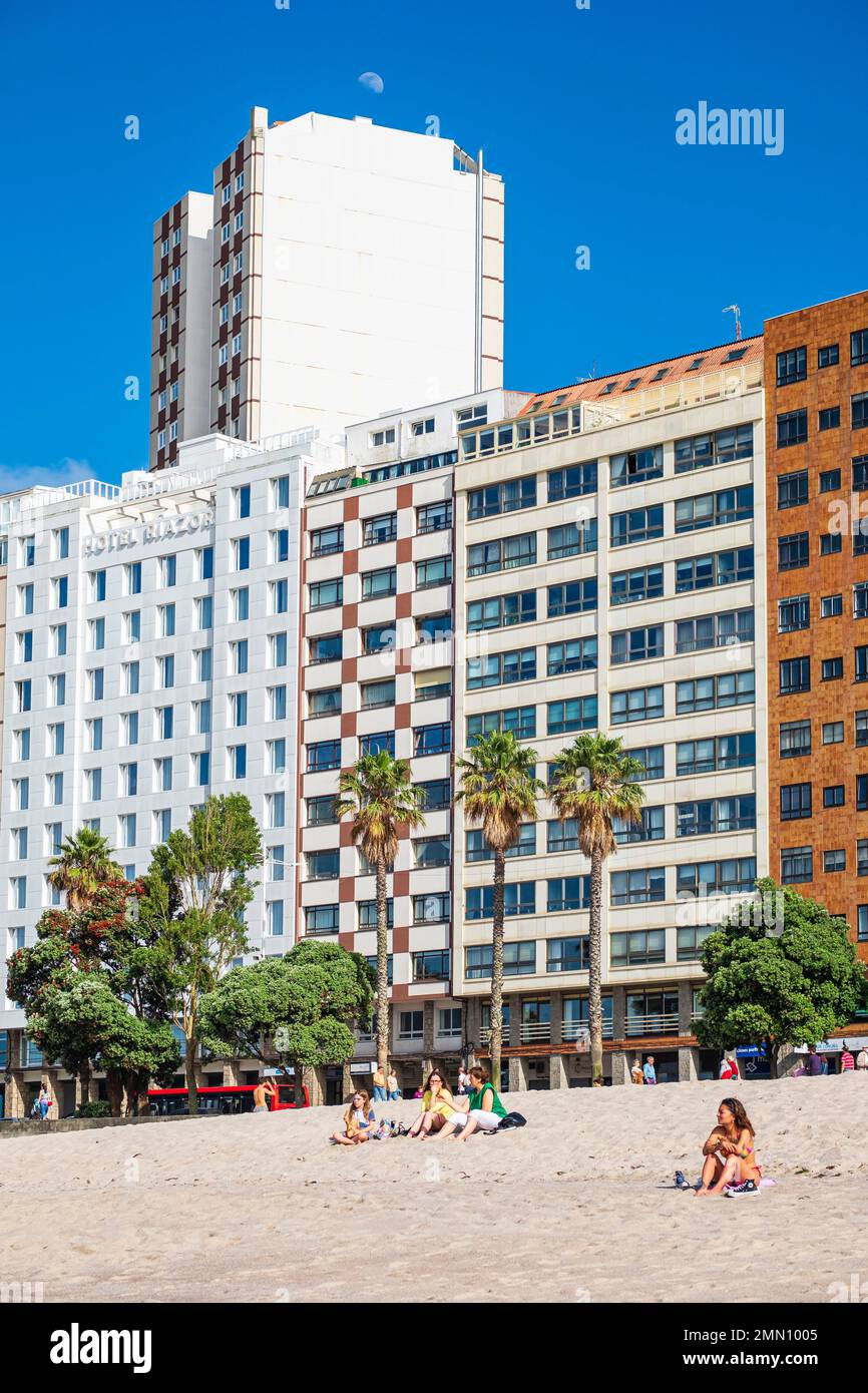 Spain, Galicia, A Coruña, Riazor hotel in front of Riazor beach Stock ...