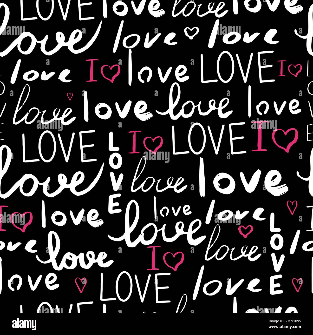 Text love, script cute doodle hand drawn seamless pattern on black ...