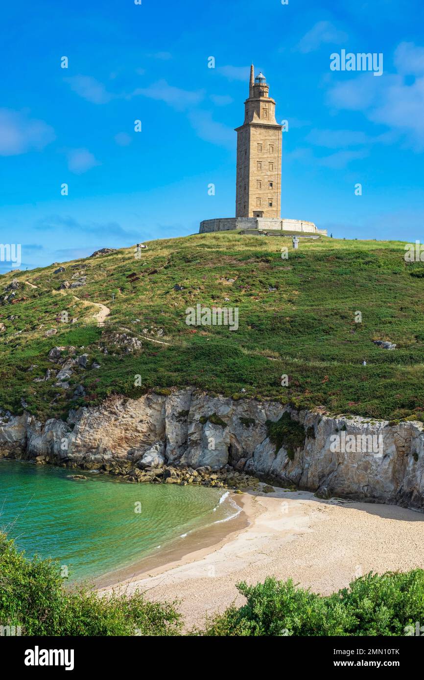 Spain, Galicia, A Coruña, Lapas Beach and the Tower of Hercules, a ...