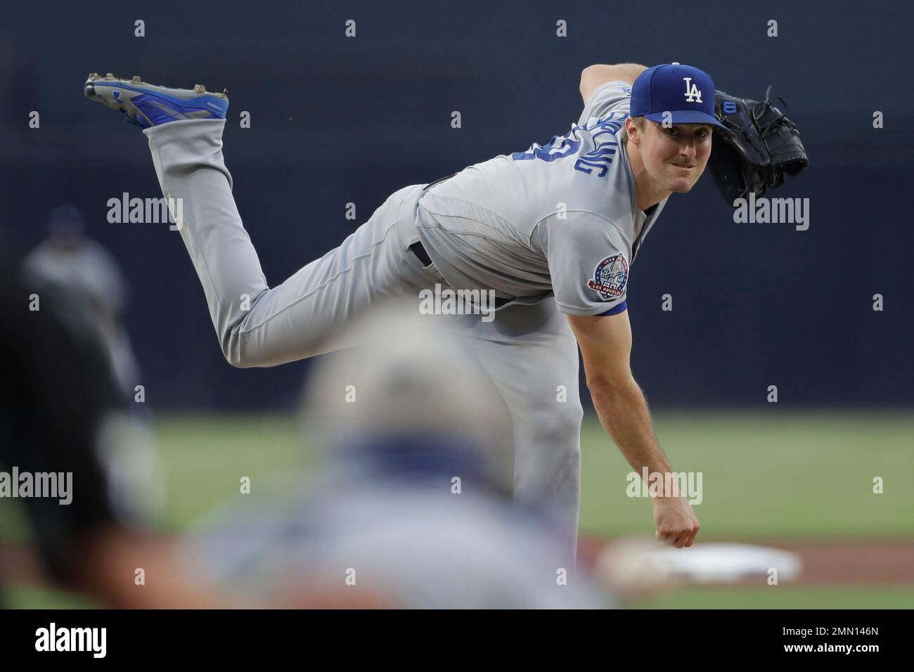 Los Angeles Dodgers starting pitcher Ross Stripling works against a San ...