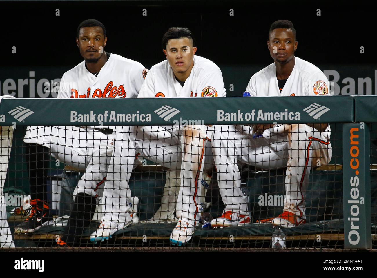 Baltimore Orioles' Adam Jones, Manny Machado and Tim Beckham, from left ...