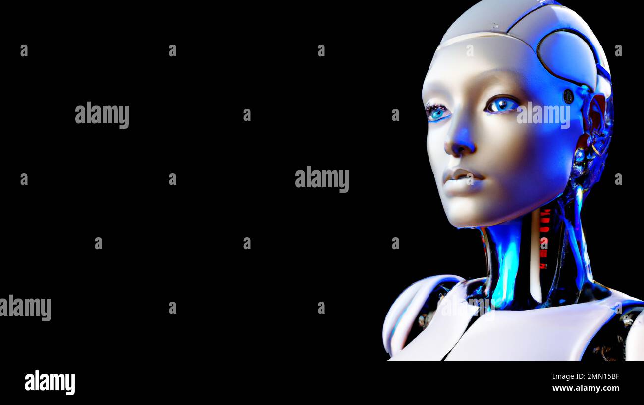 Cyber Girl humanoid robot with artificial intelligence – Digital 3D Illustration on black ...