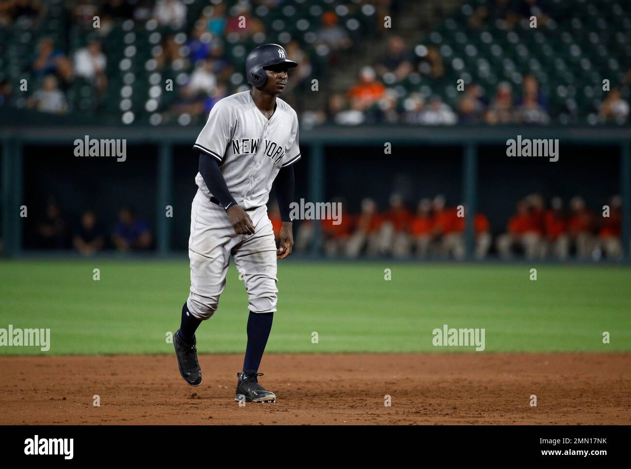 New York Yankees' Didi Gregorius takes a lead from second base during a ...