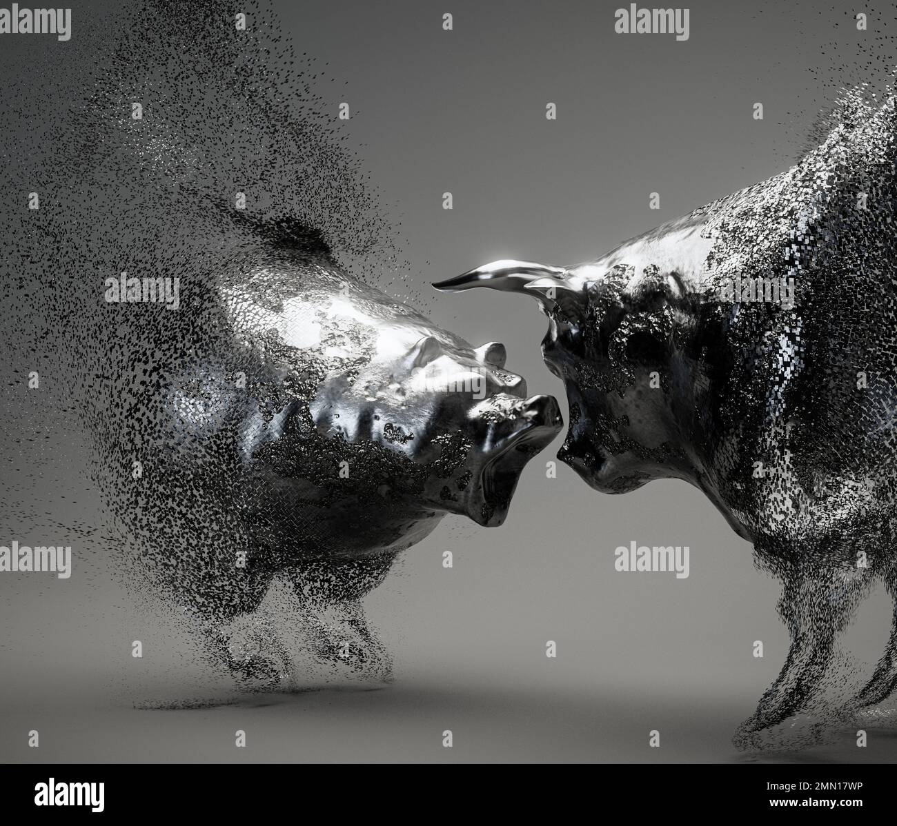Two metal dissolving castings depicting a bull opposing a bear in dark ...