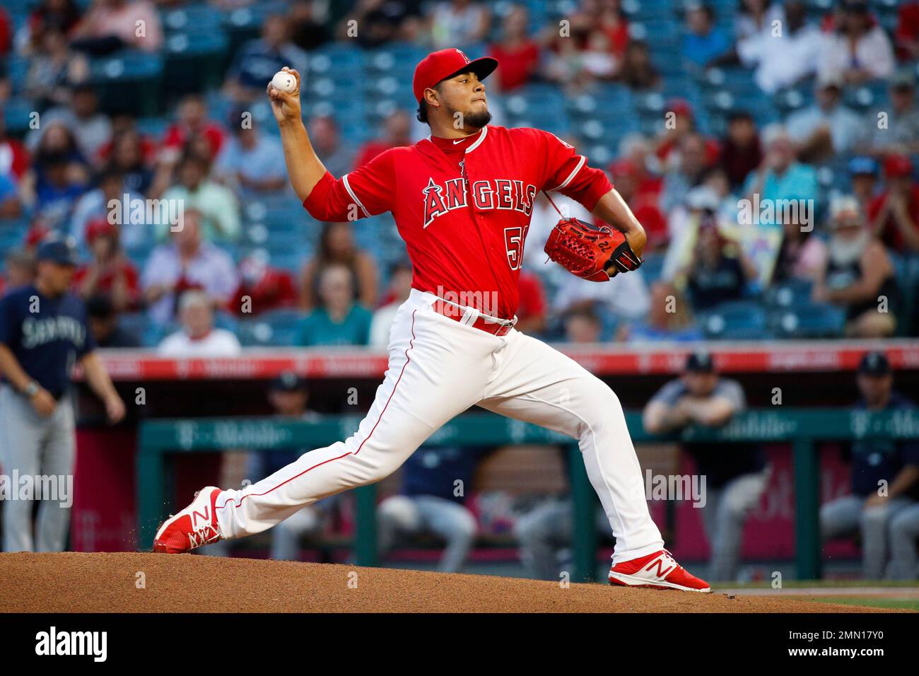Los Angeles Angels starting pitcher Jaime Barria throws against the ...