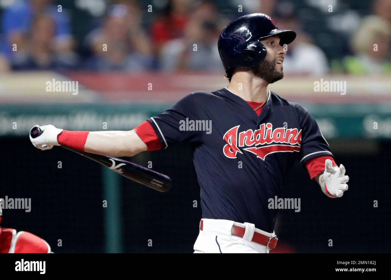 Cleveland Indians' Tyler Naquin watches his RBI-single off Cincinnati ...