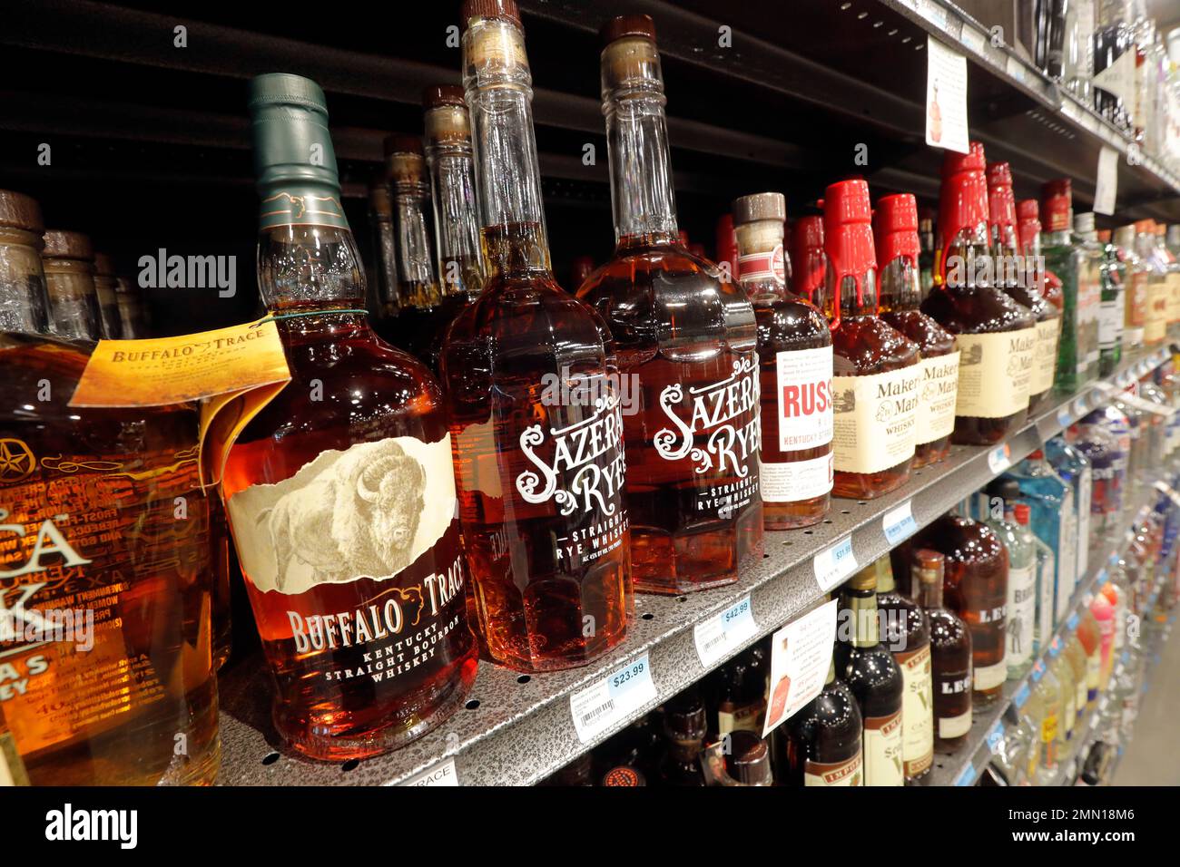 Liquor bottles are seen on display at a grocery store in River RIdge ...