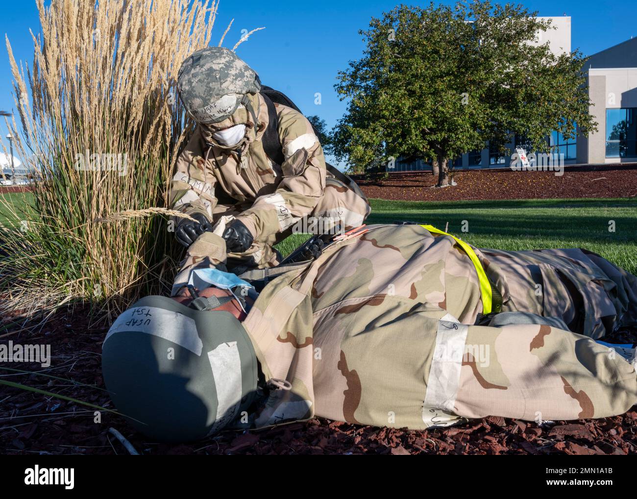 U.S. Air Force Airmen conduct a simulated human remains recovery during ...