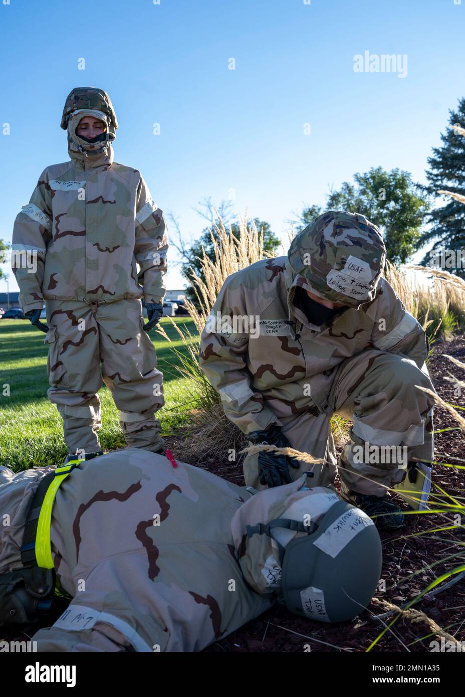 U.S. Air Force Airmen conduct a simulated human remains recovery during ...