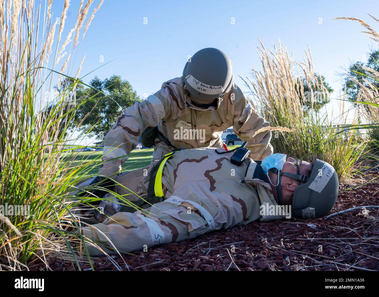 U.S. Air Force Airmen conduct a simulated human remains recovery during ...