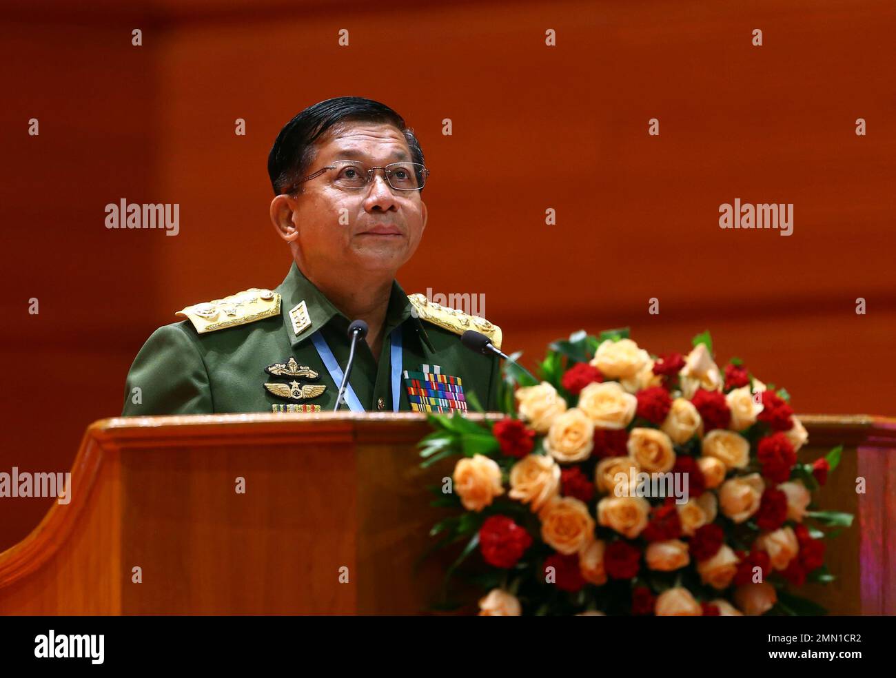 Myanmar's Army Commander Senior Gen. Min Aung Hlaing speaks during the ...