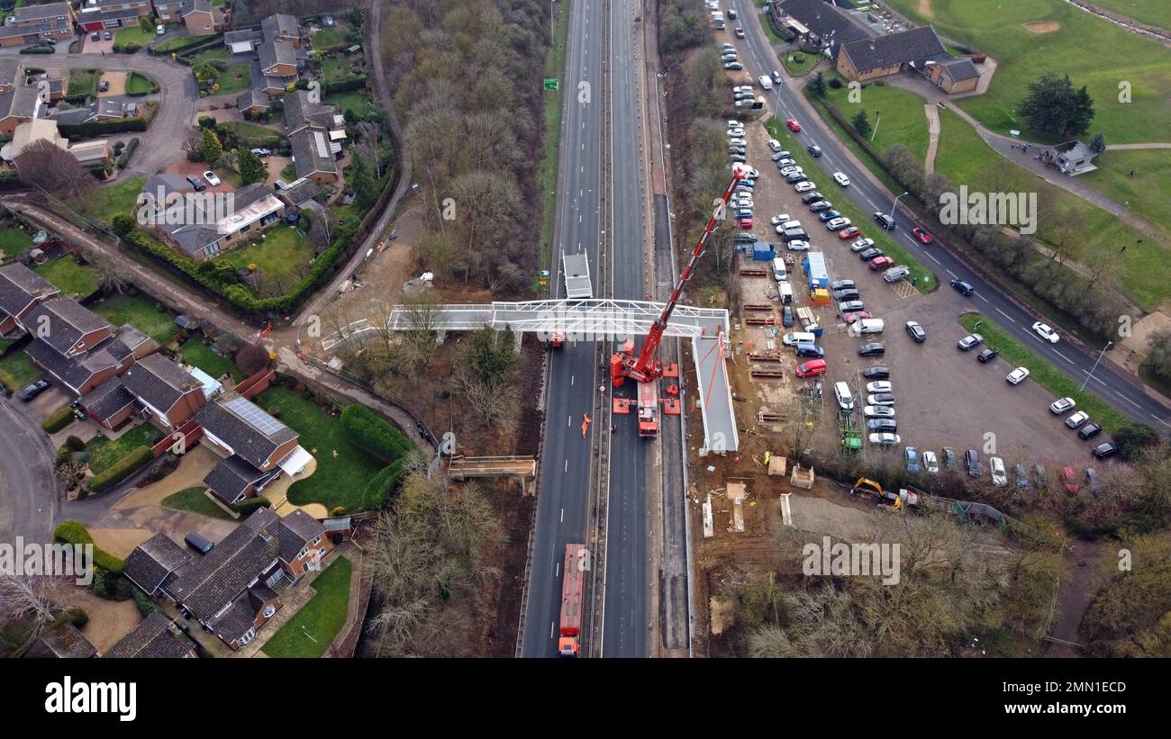 Peterborough, UK. 28th Jan, 2023. A footbridge over the A1260 Nene Parkway, near Thorpe Wood ...