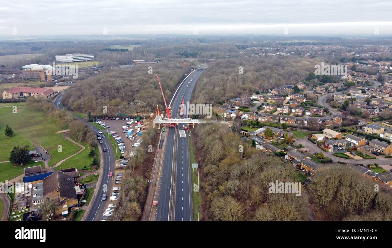 Peterborough, UK. 28th Jan, 2023. A footbridge over the A1260 Nene Parkway, near Thorpe Wood ...