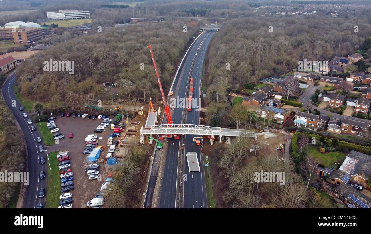 Peterborough, UK. 28th Jan, 2023. A footbridge over the A1260 Nene Parkway, near Thorpe Wood ...