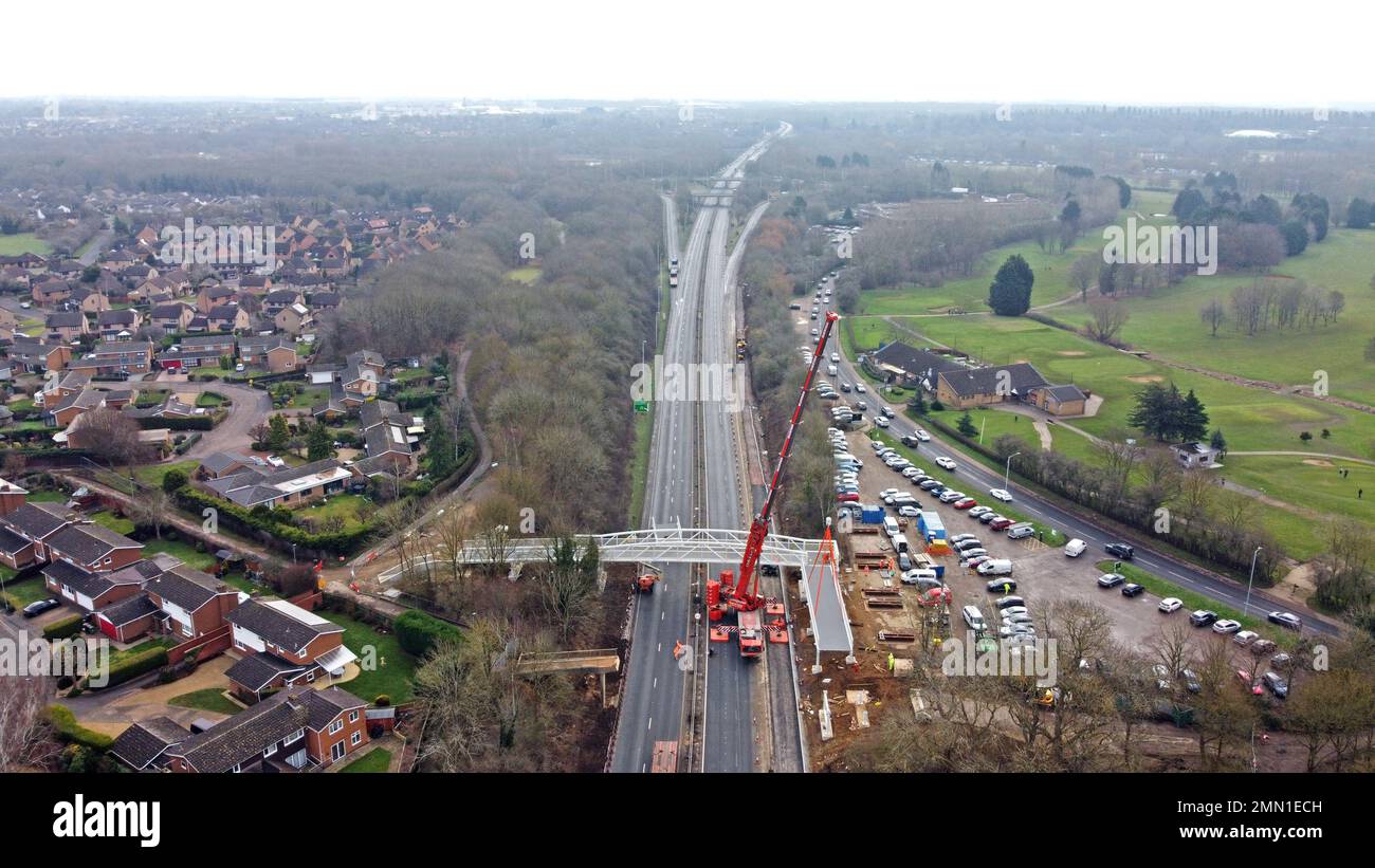Peterborough, UK. 28th Jan, 2023. A footbridge over the A1260 Nene Parkway, near Thorpe Wood ...