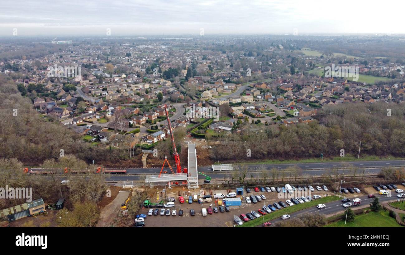 Peterborough, UK. 28th Jan, 2023. A footbridge over the A1260 Nene Parkway, near Thorpe Wood ...