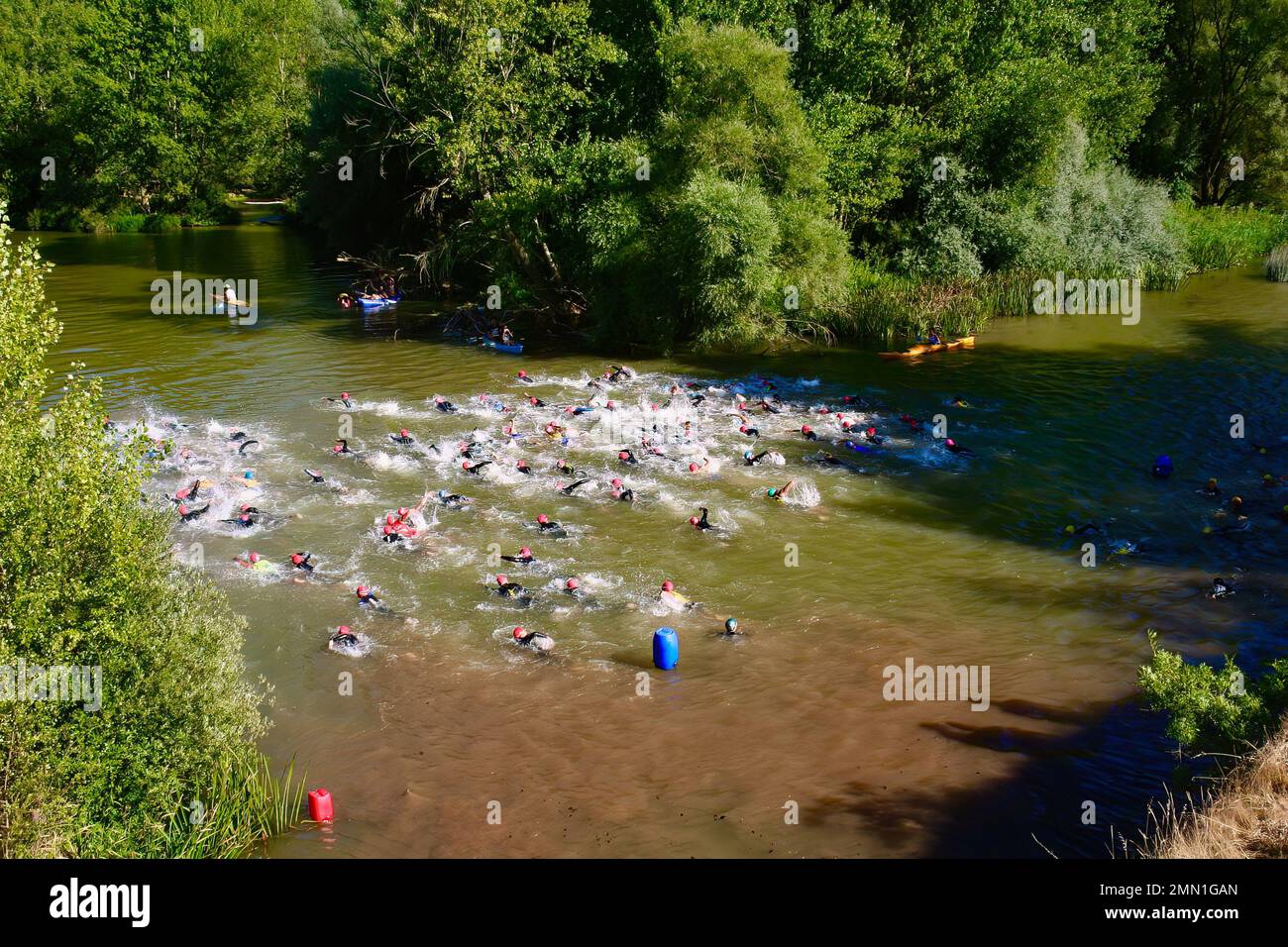 Swimming start of the triathlon in the shallow water of the River ...
