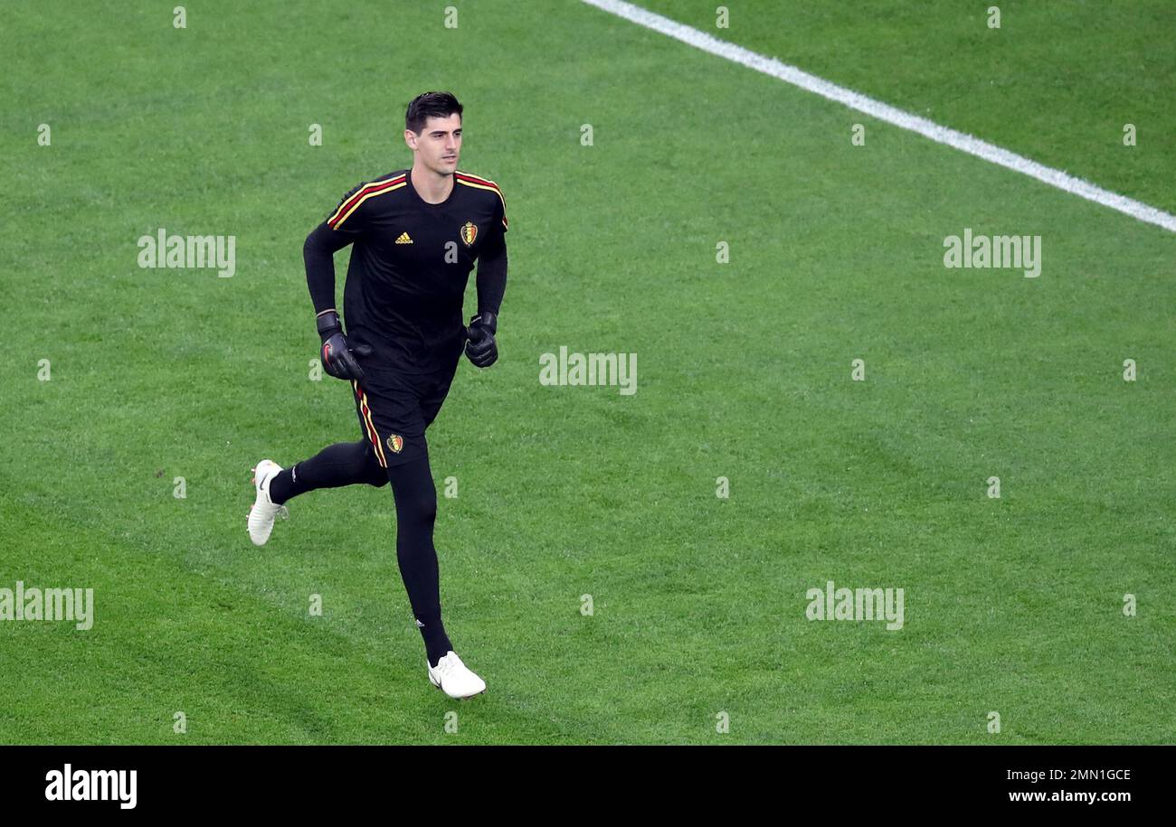 Belgium goalkeeper Thibaut Courtois jogs during warmup before the ...
