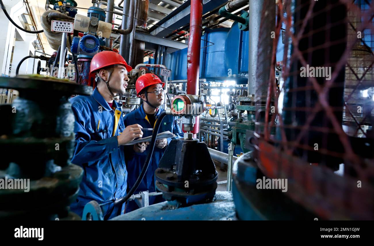 ZHANGYE, CHINA - JANUARY 29, 2023 - Staff members check the herbicide ...
