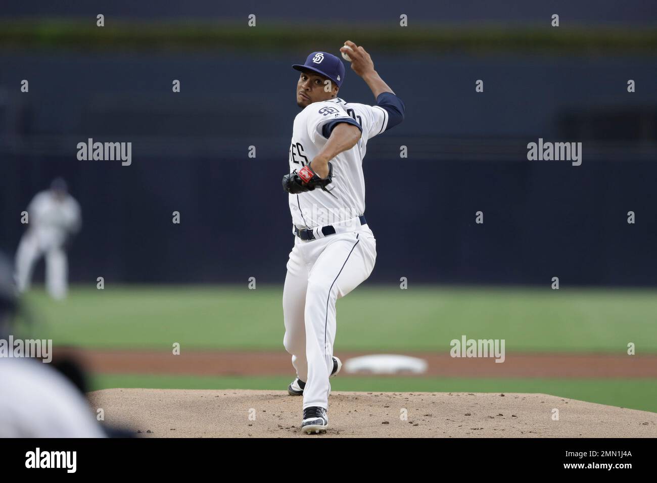 San Diego Padres starting pitcher Luis Perdomo works against a Los ...