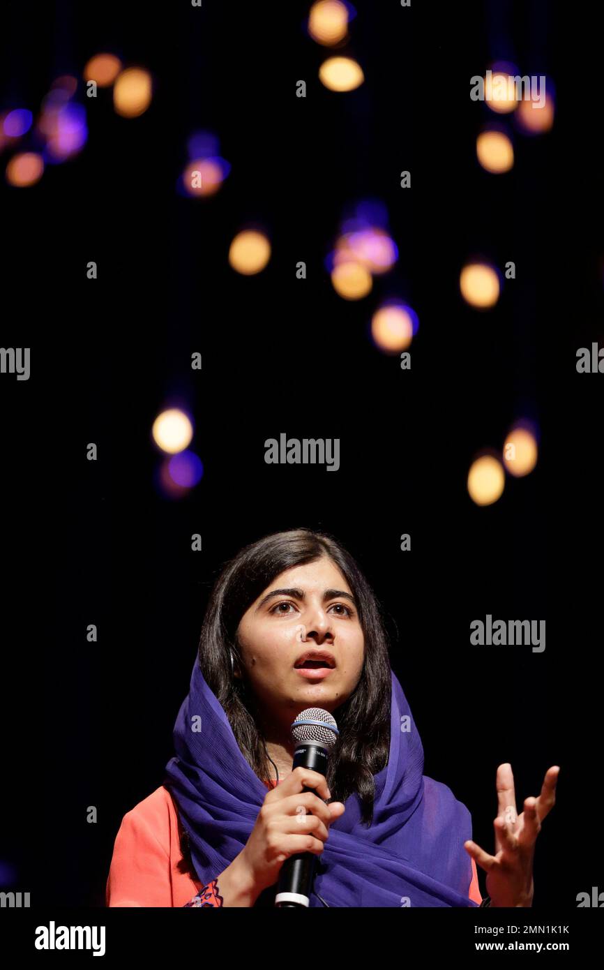 Pakistan's Nobel laureate Malala Yousafzai speaks during a meeting with women who campaign for ...