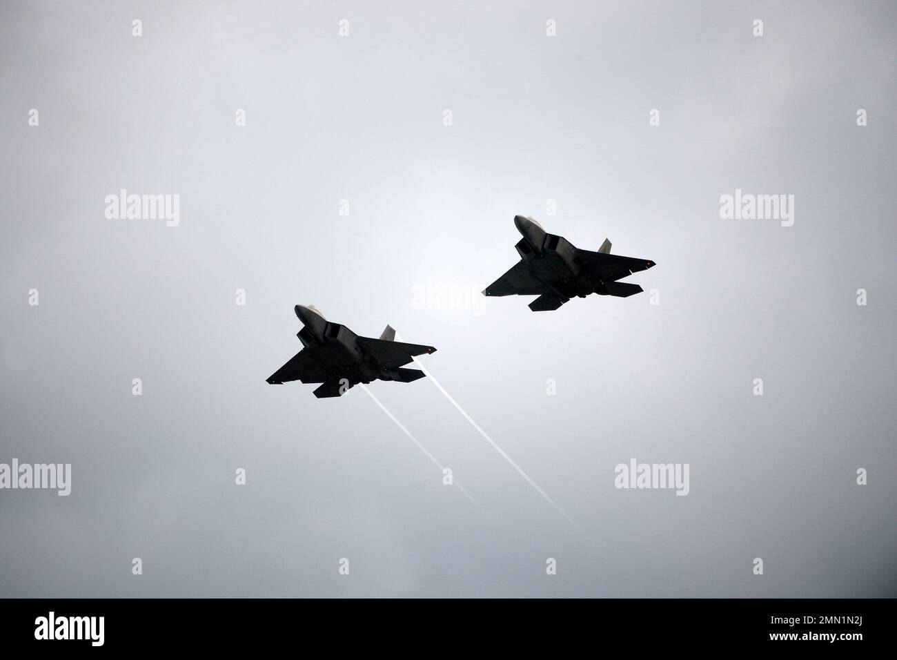 Two U.S. Air Force F-22 fighter jets perform a flyover during the ...