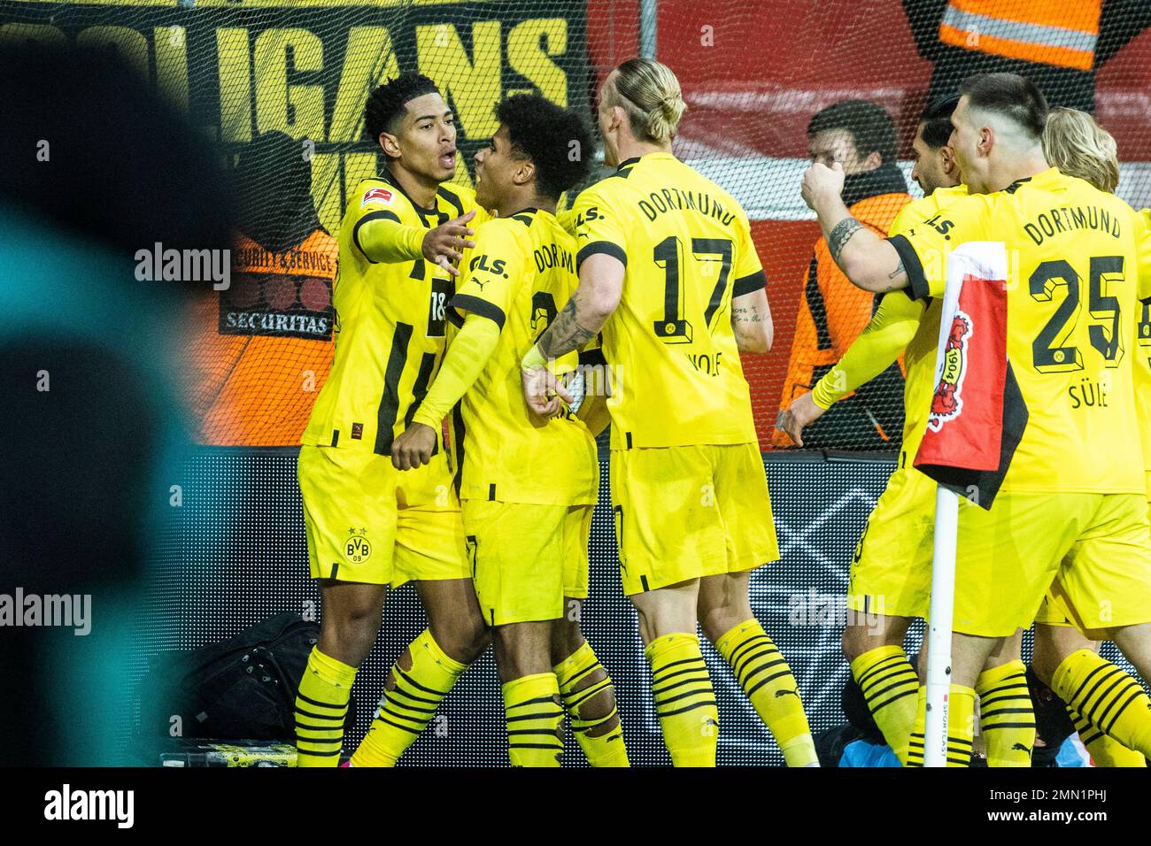 Leverkusen, Bayarena, 29.01.23: Jude Bellingham (L) (Dortmund) schiesst ...