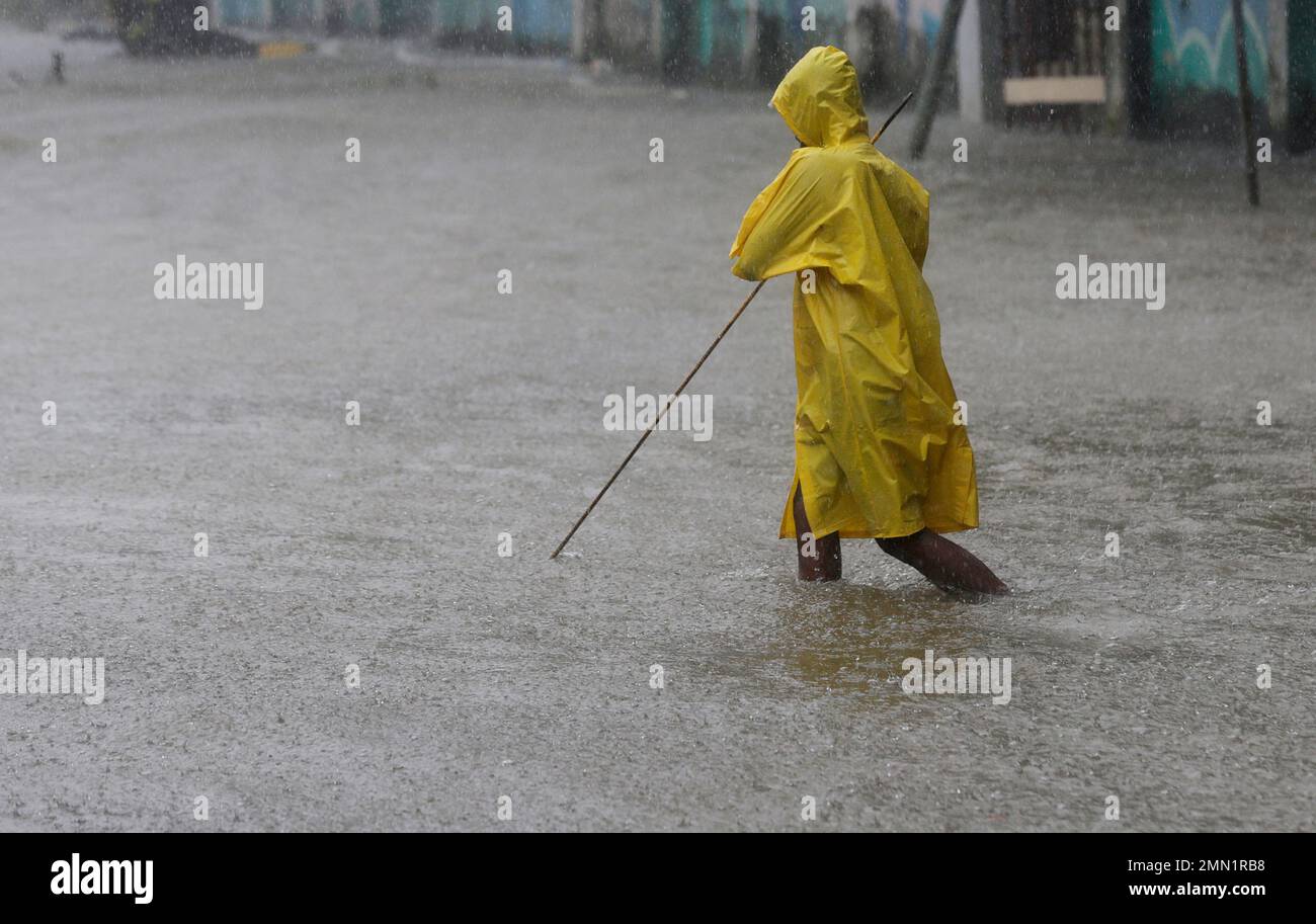 A municipal worker tries to spot a manhole in a waterlogged street ...