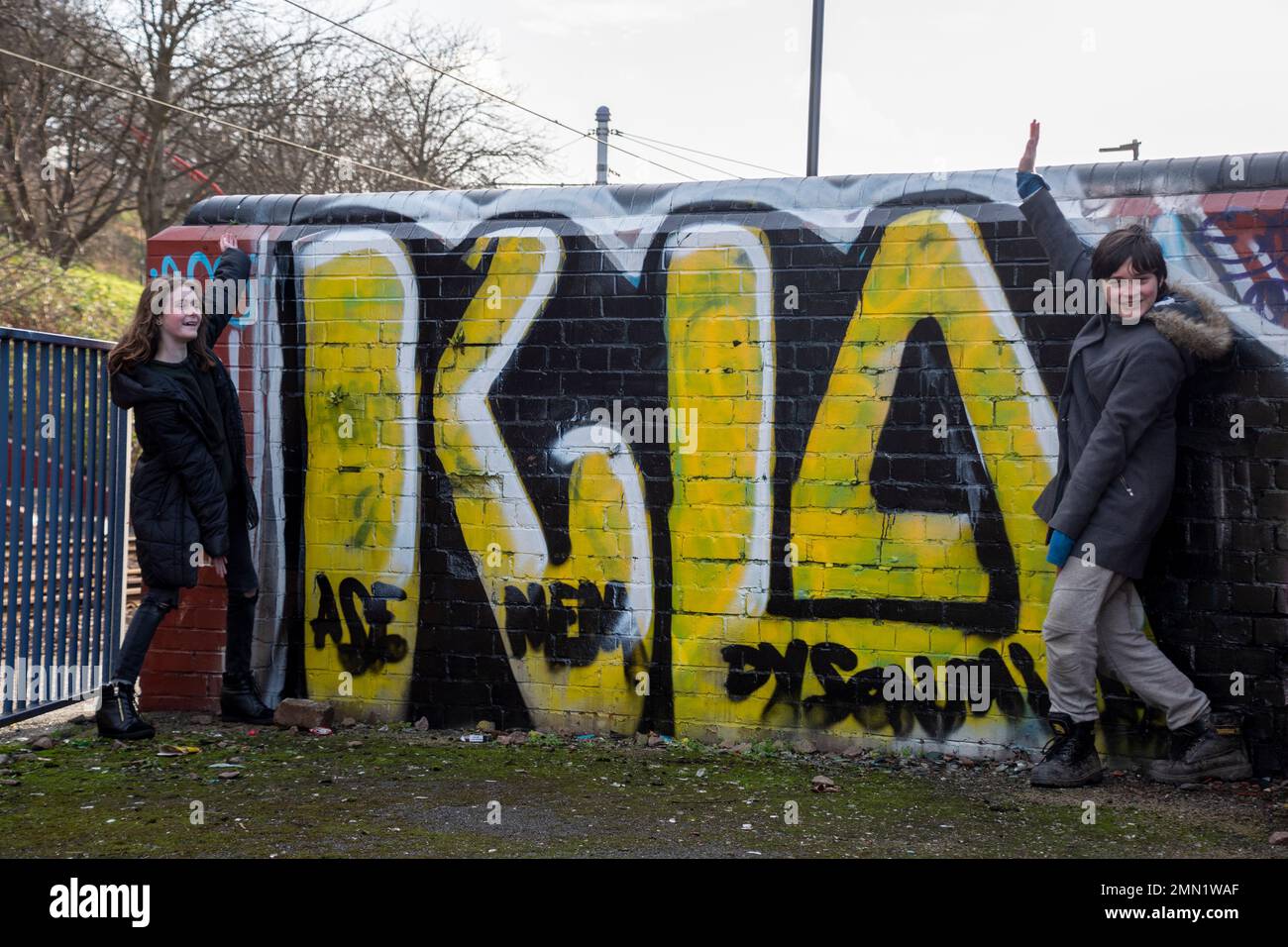 Yorkshire, UK – 21 Dec 2020: Sister and Brother pose happily beside ...