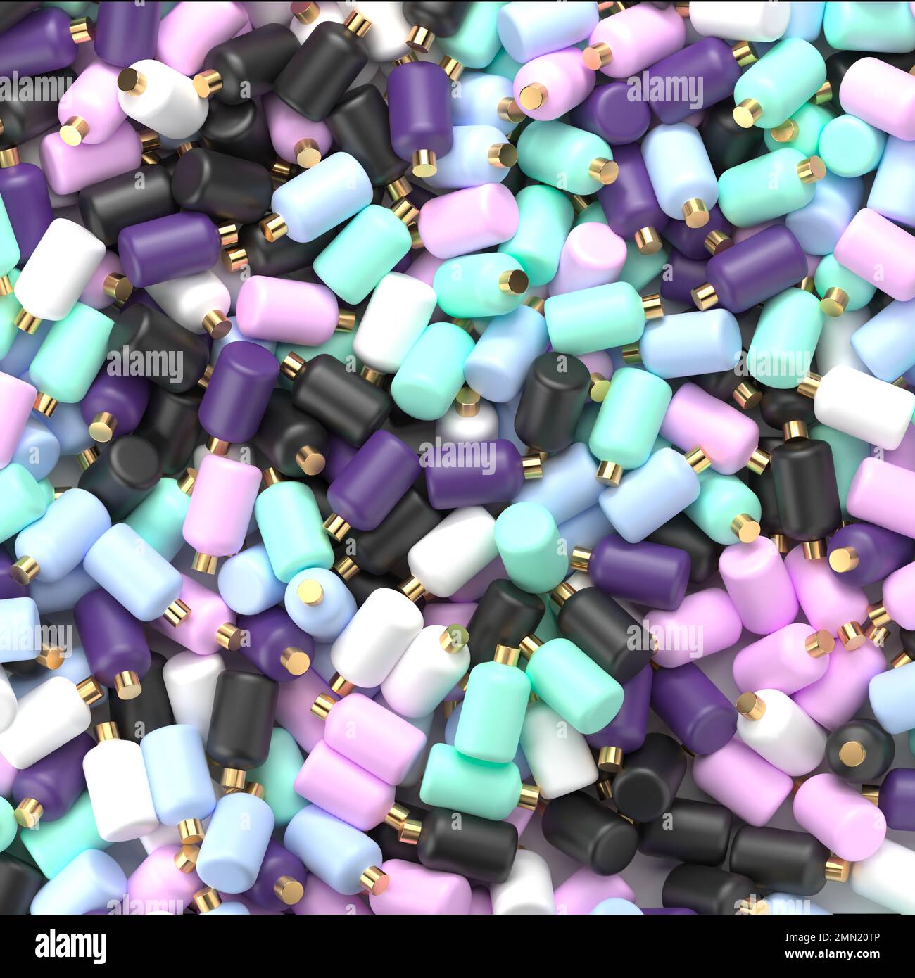 A lot of blue and purple plastic bottles, identical cosmetic packaging ...