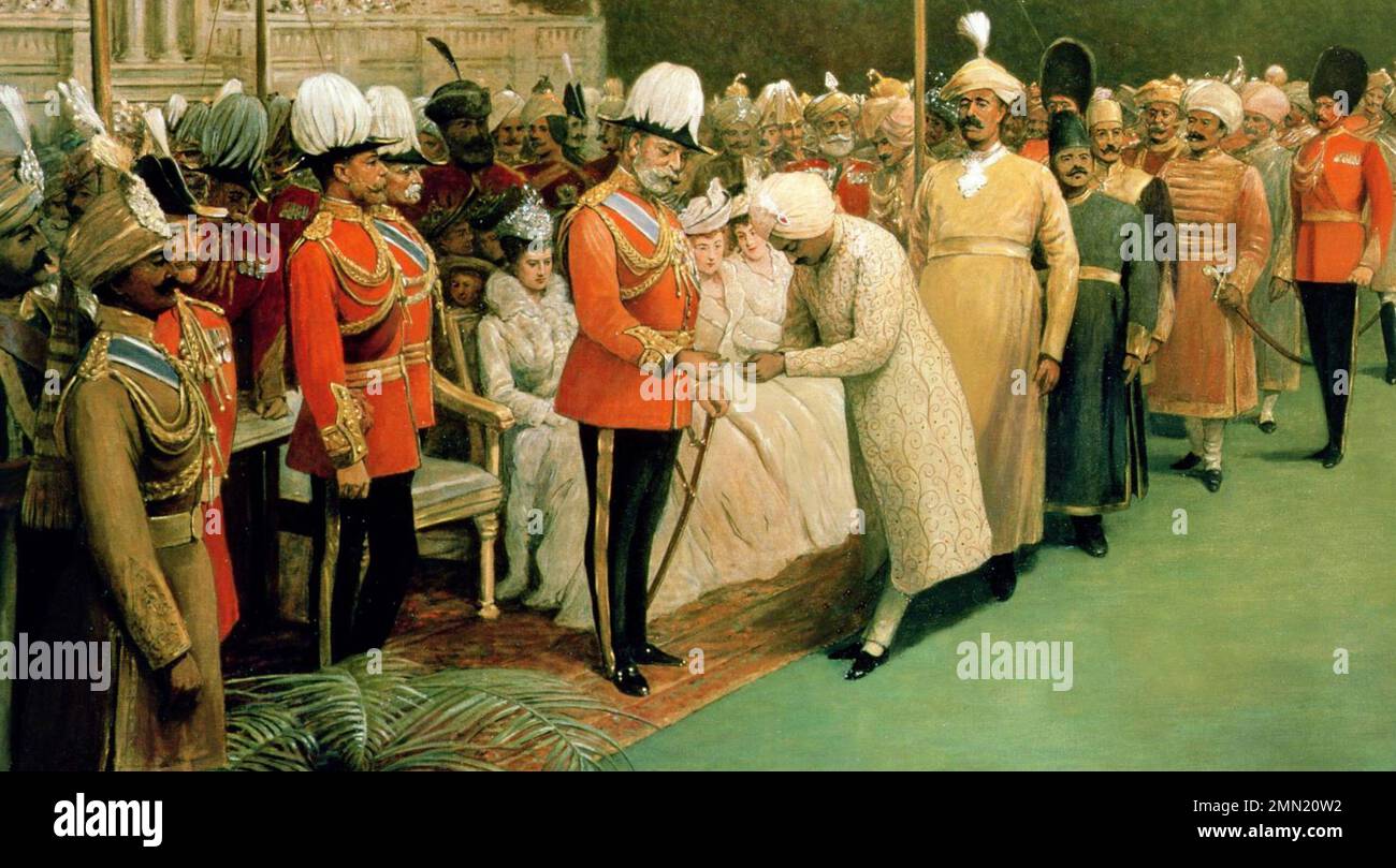 EDWARD VII (18412-1910) receiving Indian Princes in the grounds of Buckingham Palace who ...