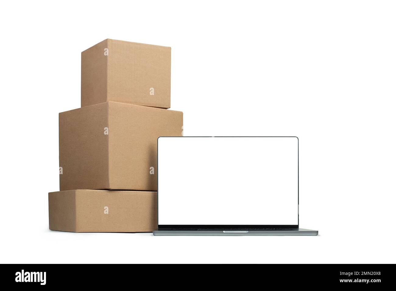 laptop with boxes on a white background. Delivery Stock Photo - Alamy