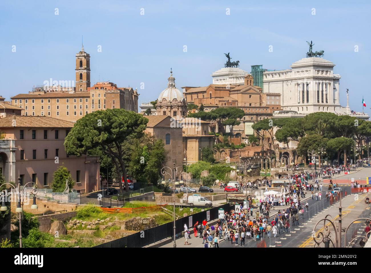 Italy, Rome. Part of the Forum Romanum, the white building in the back ...
