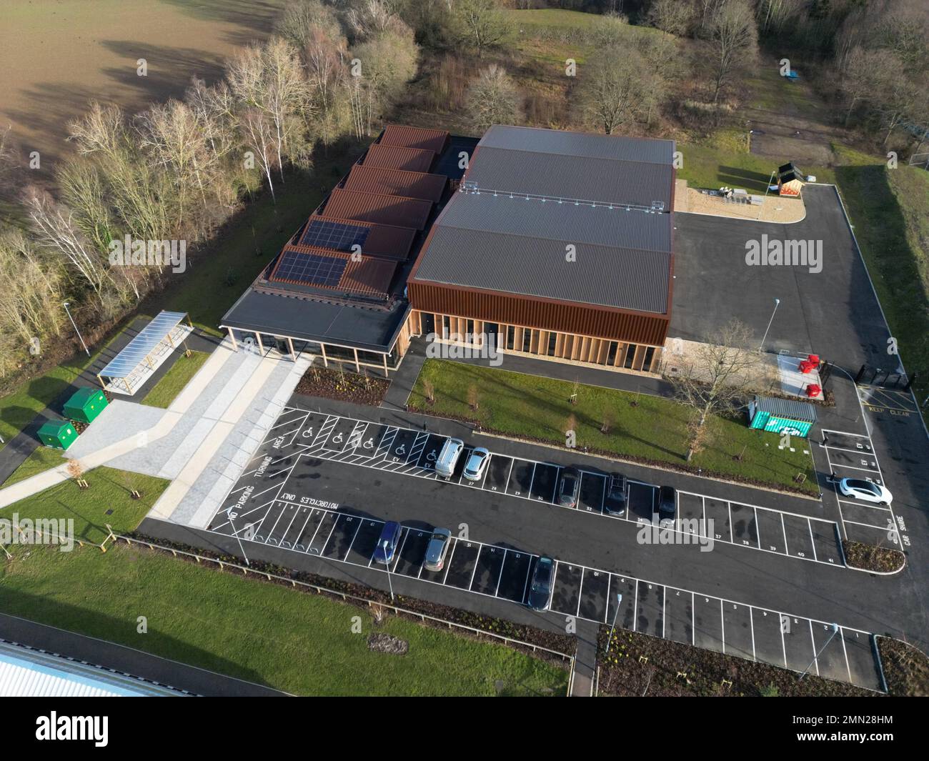 Aerial view of NMITE new Centre for Advanced Timber Technology building at Skylon Park ...