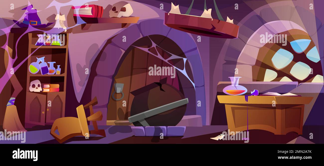 Cartoon abandoned witch house with broken furniture and crushed ...