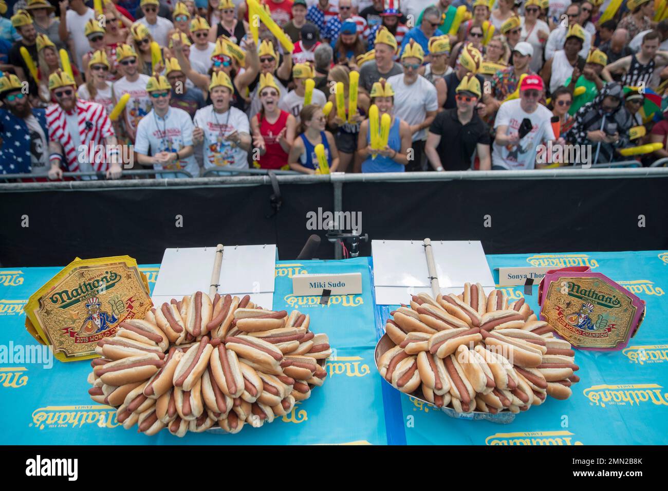 Hot dogs are on display on stage ahead of the Nathan's Famous Fourth of ...