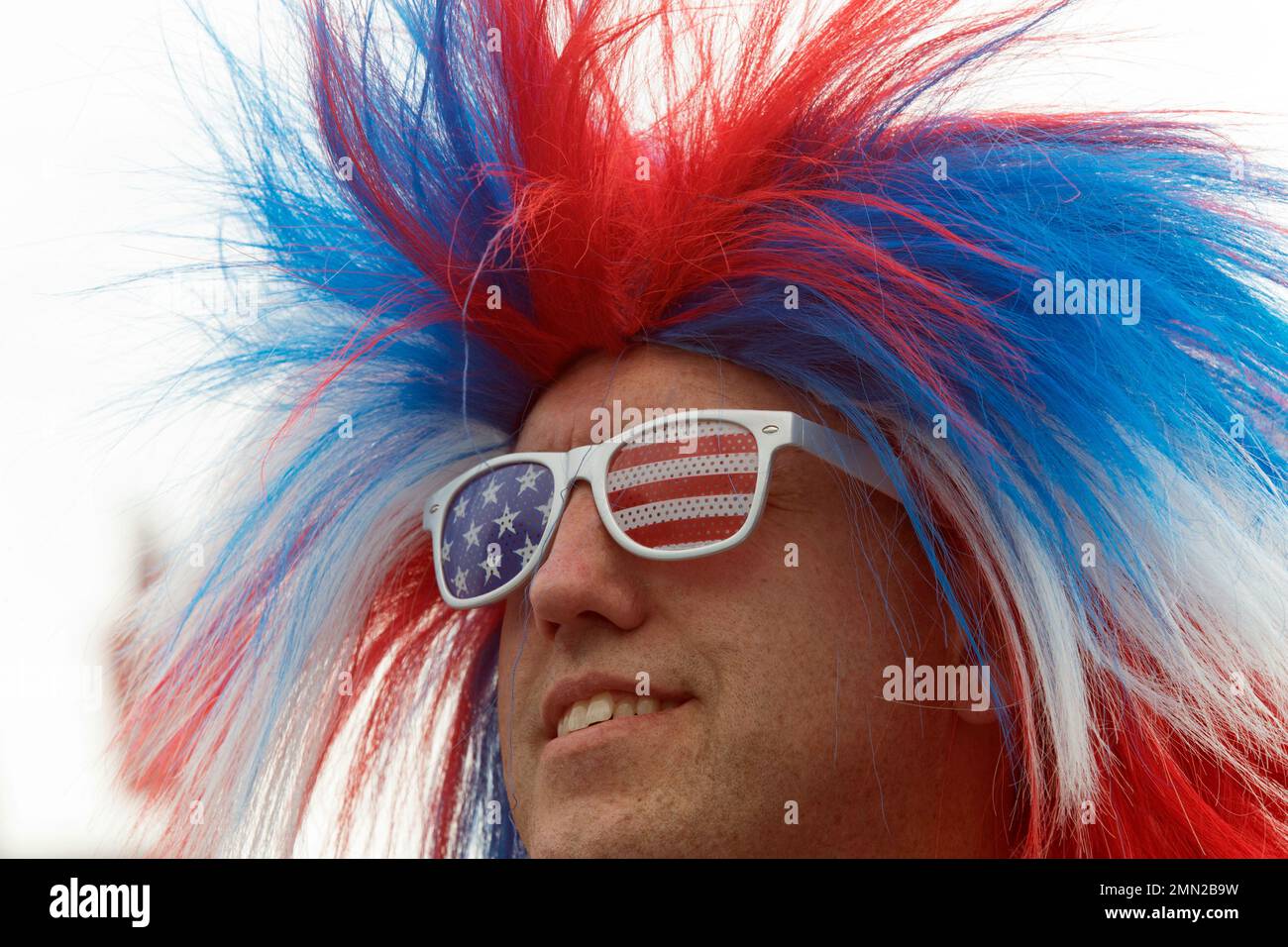 Brad Kleinschmidtof Muncie, Ind., wears a patriotic outfit to watch his ...