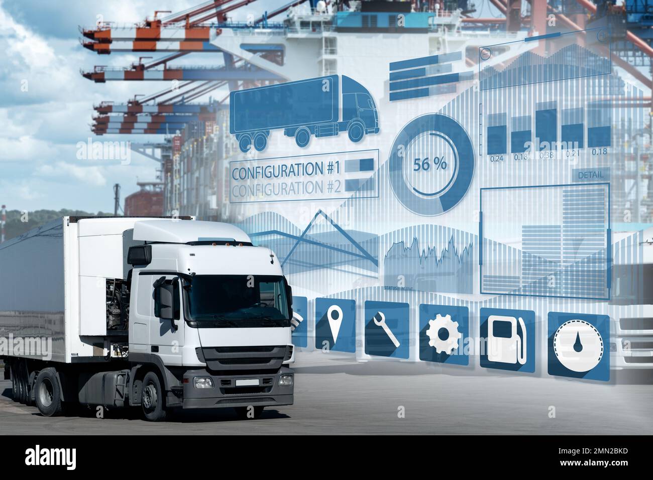 Fleet management infographics against the background of a trucks and ...